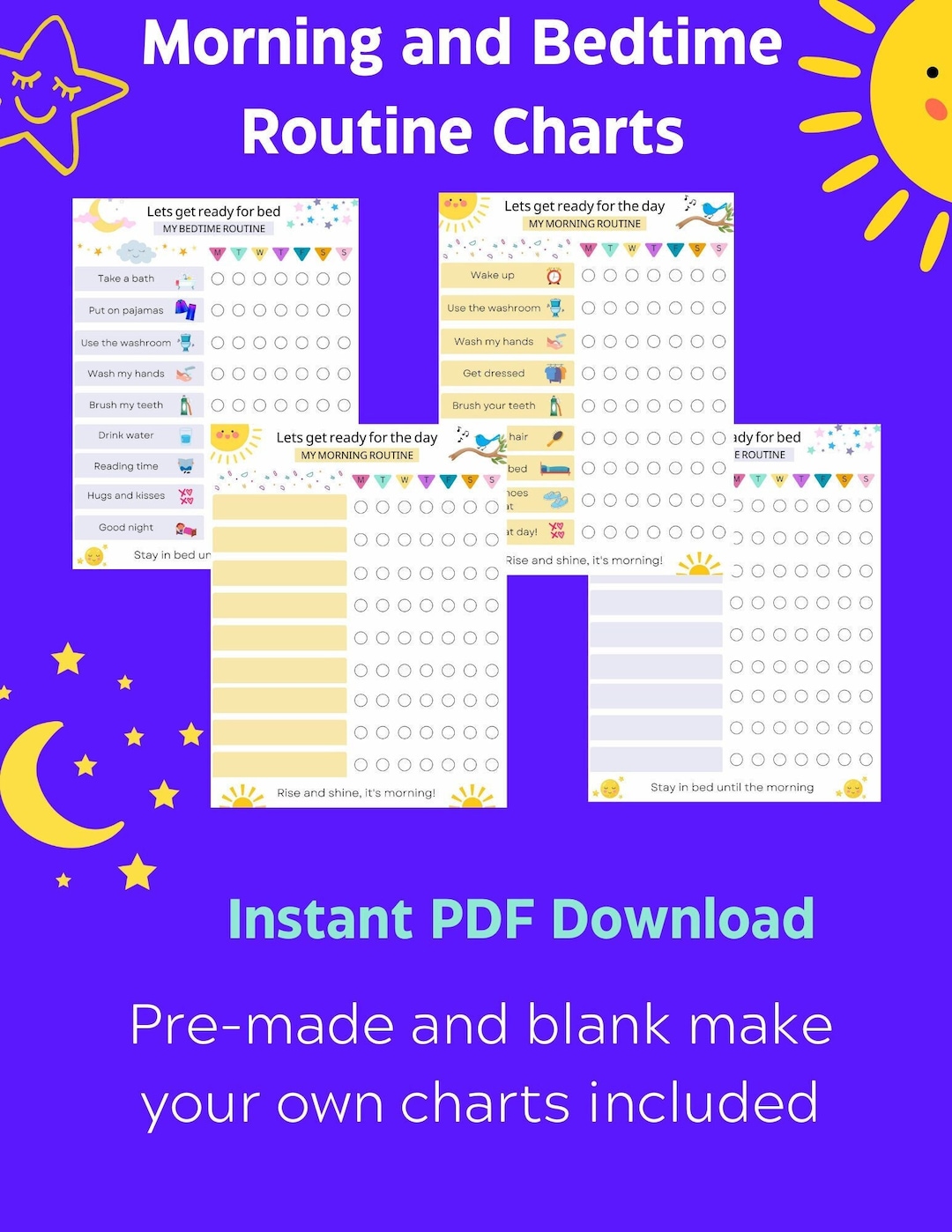Kids Morning / Bedtime Routine Charts, , Instant Download, Premade ...