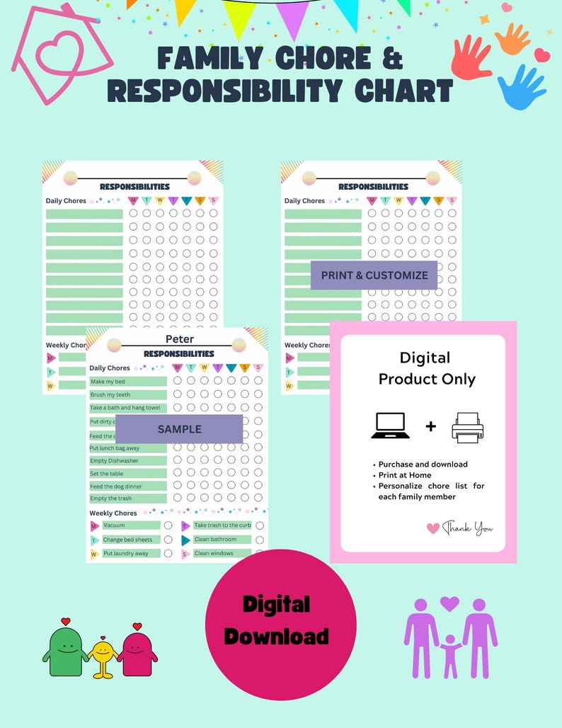 Printable Editable Daily & Weekly Kids Chore Responsibility Chart ...