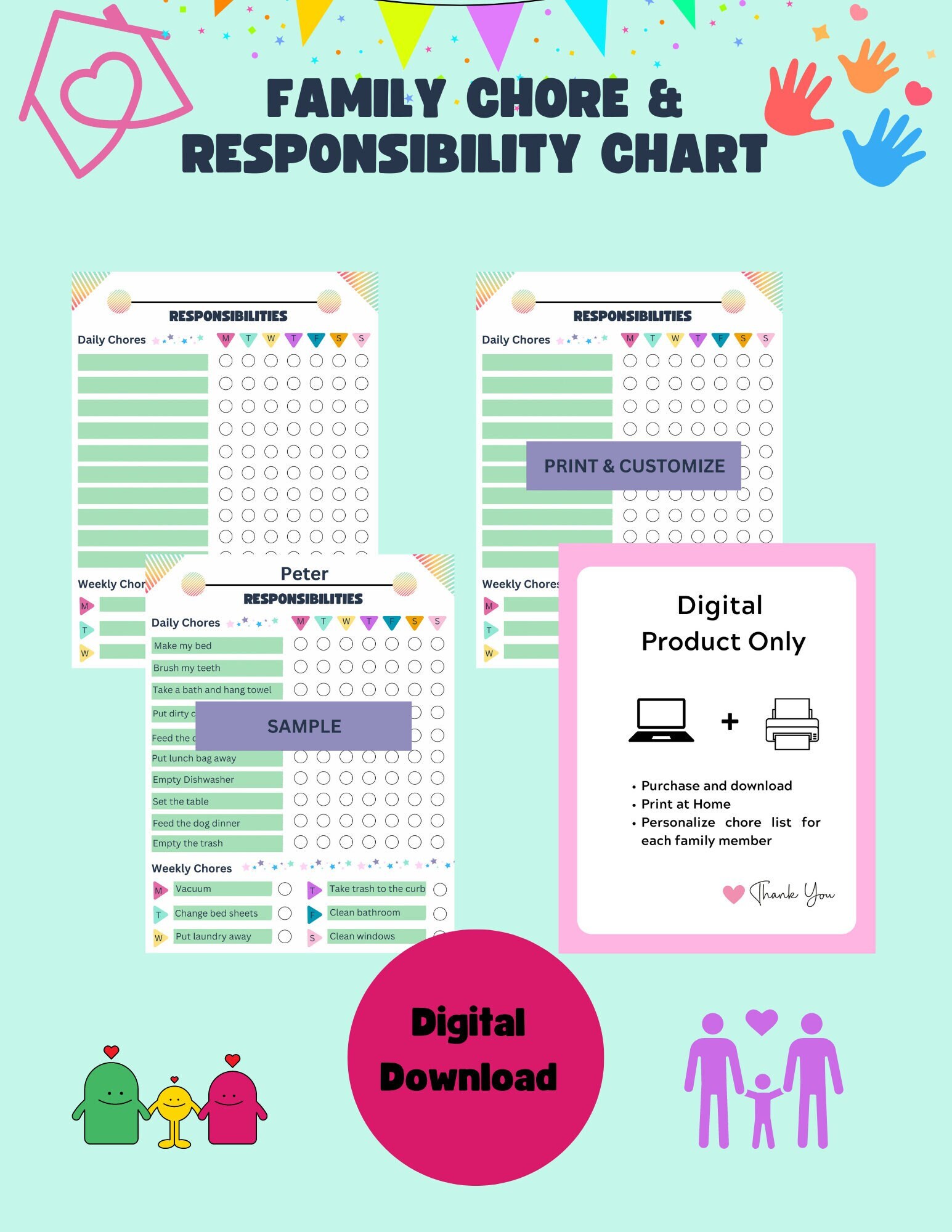 Printable Editable Daily & Weekly Kids Chore Responsibility Chart ...