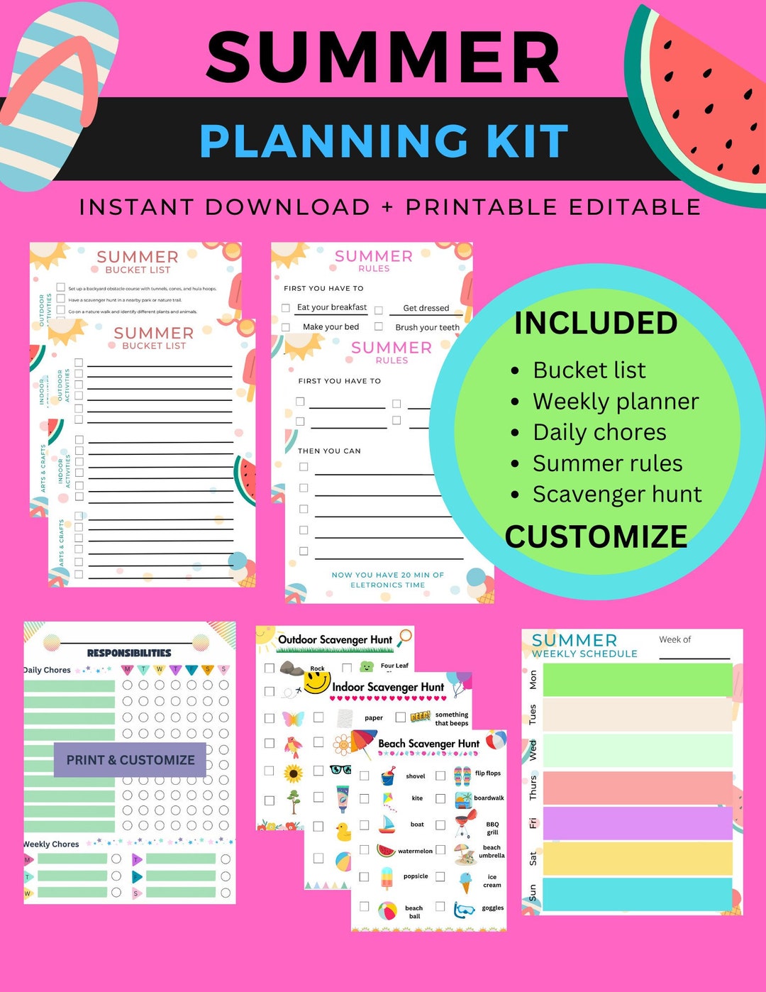 Printable Editable Summer Planner Bundle | Summer Calendar, Checklist ...