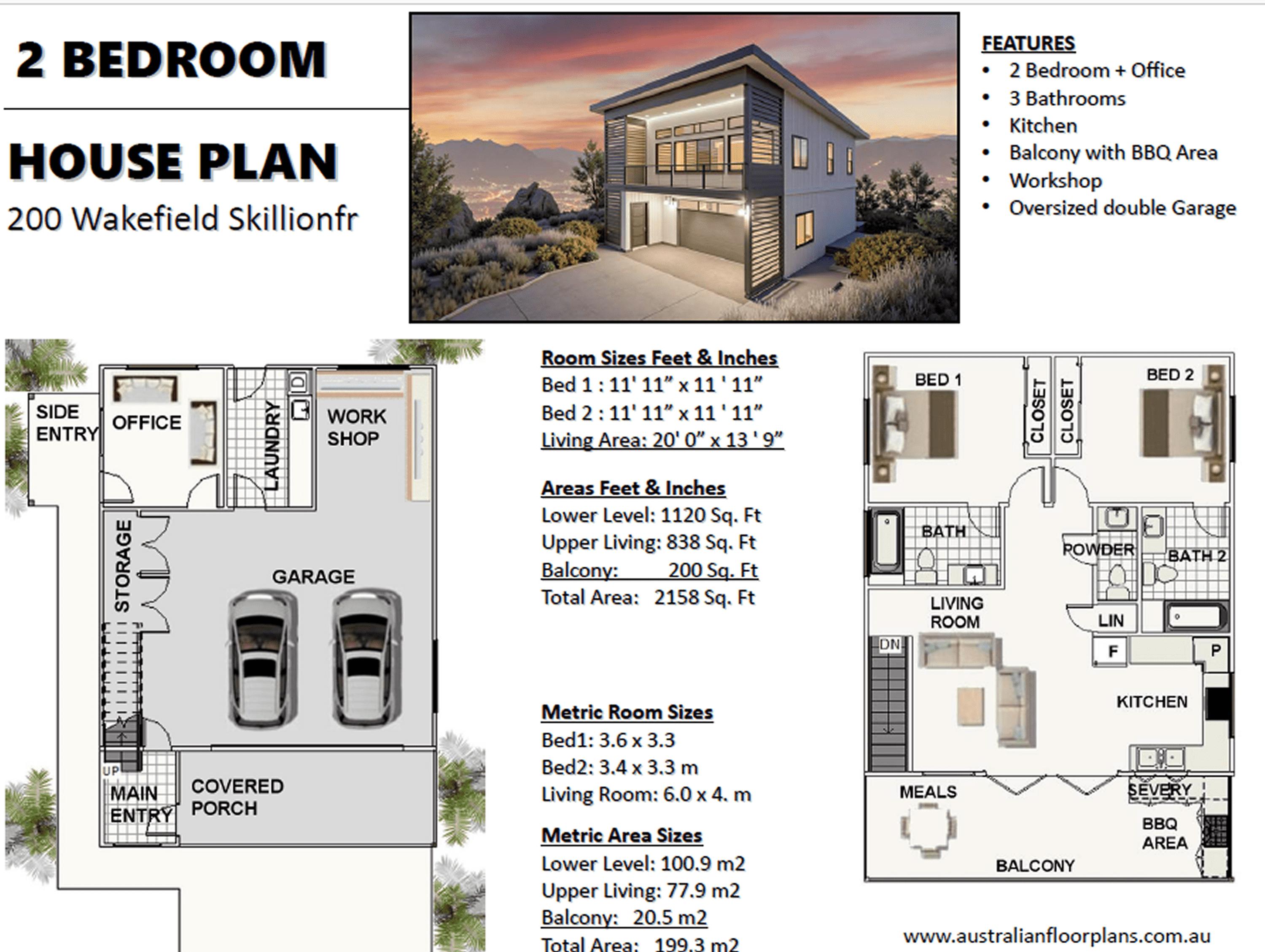 House Plan #200 WAKEFIELD Skillion – 2-bedroom + Office Garage ...