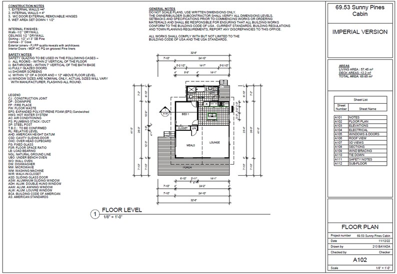 House Plan#69.53: Sunny Pines Cabin Architectural Plans - 1 Bedroom ...