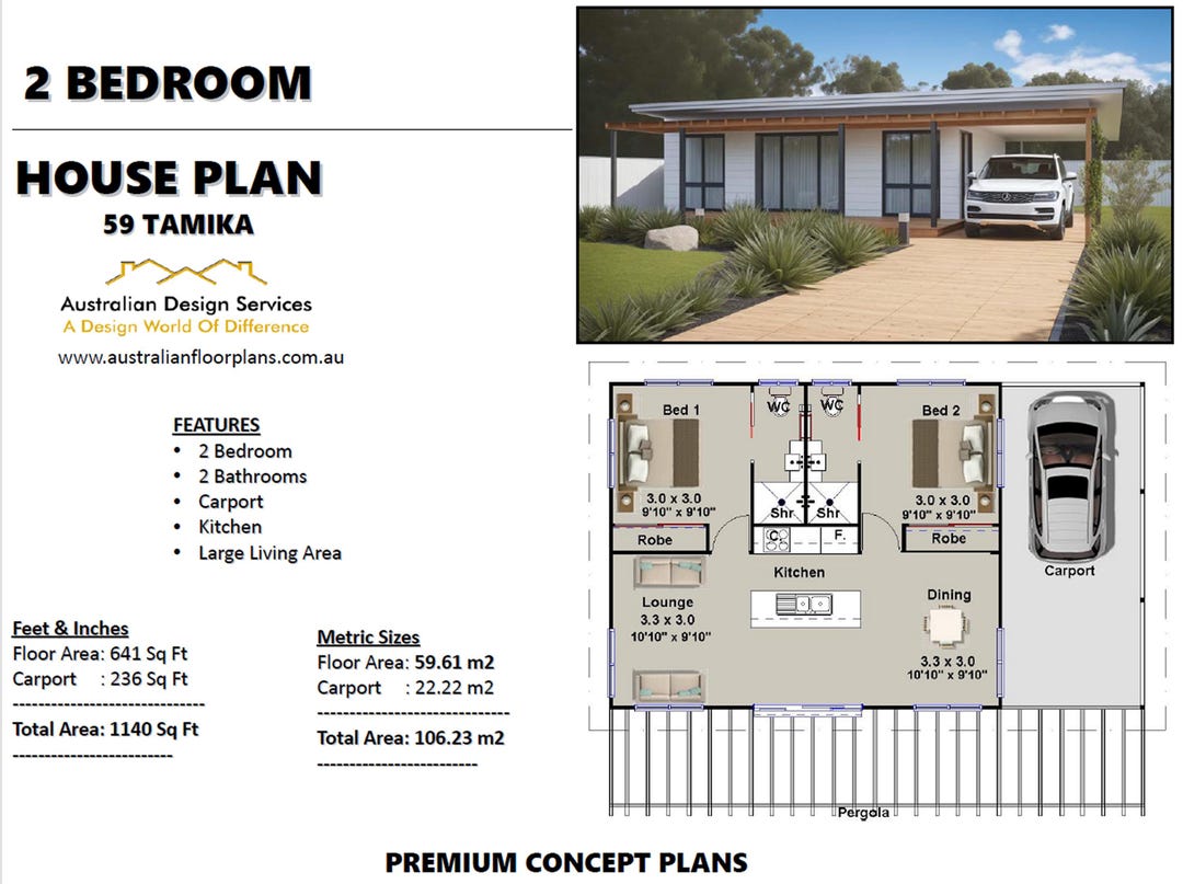 Modern Granny Flat House Plan #59 Tamika – 2 Bedroom Tiny Home Design (641 Sq Ft / 59 Sq Meters ...