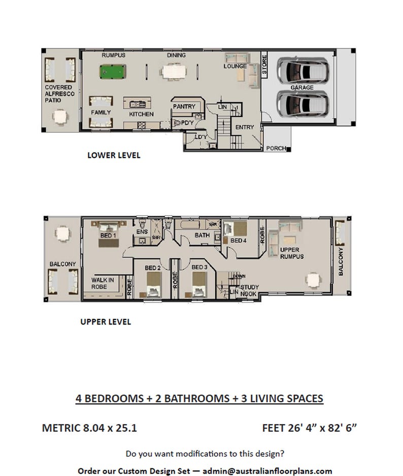 House Plan#321 Keen: 26' X 82' (8.0 X 25.0 Meters ) House Plan - 4 Bedrooms + 2 Bathrooms + 3 ...