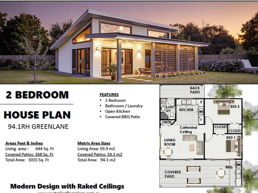 House Plan#94.1rh GREENLANE: Skillion Roof House Plan – 2 Bedroom Small ...