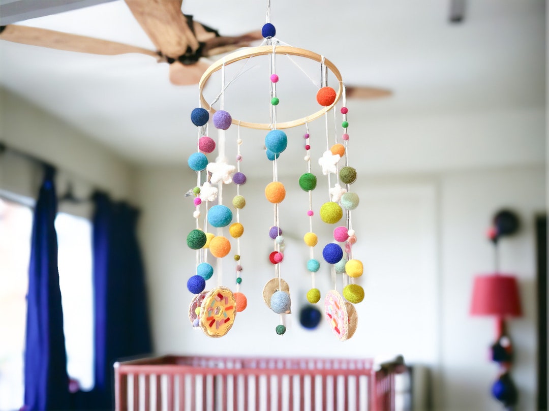 Pom-pom Donut Crib Mobile - Colorful Felt Pom Pom Nursery Mobile - Etsy