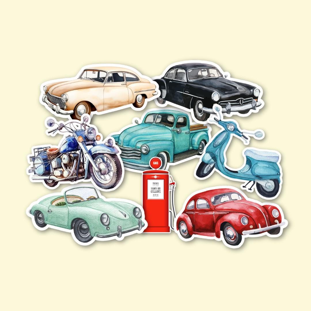 Vintage Cars & Bikes Sticker Pack – 8 Waterproof Vinyl Stickers ...
