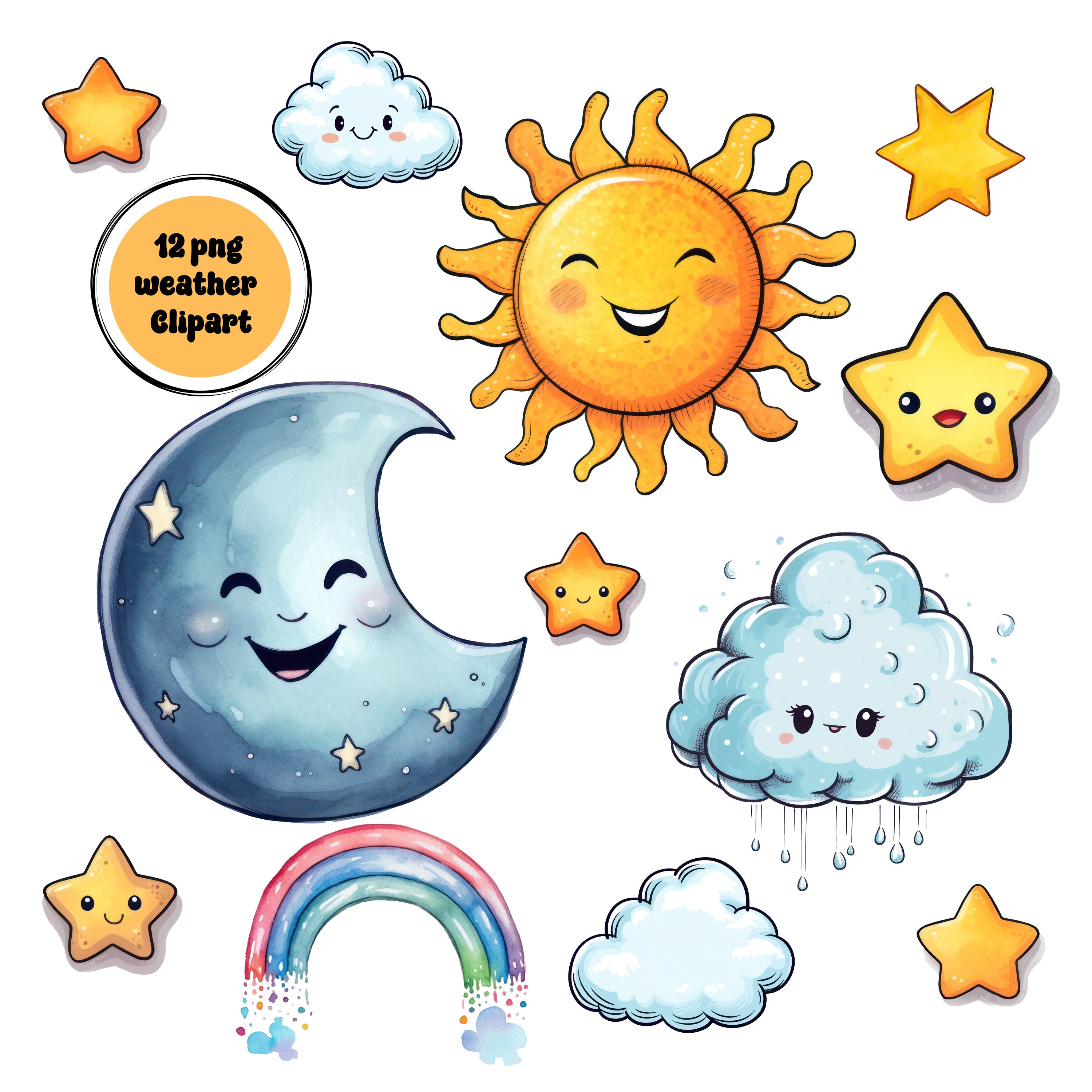 Sun and Moon Clipart, Weather Clipart, Cute Sun Clipart, Rainbow, Cloud ...