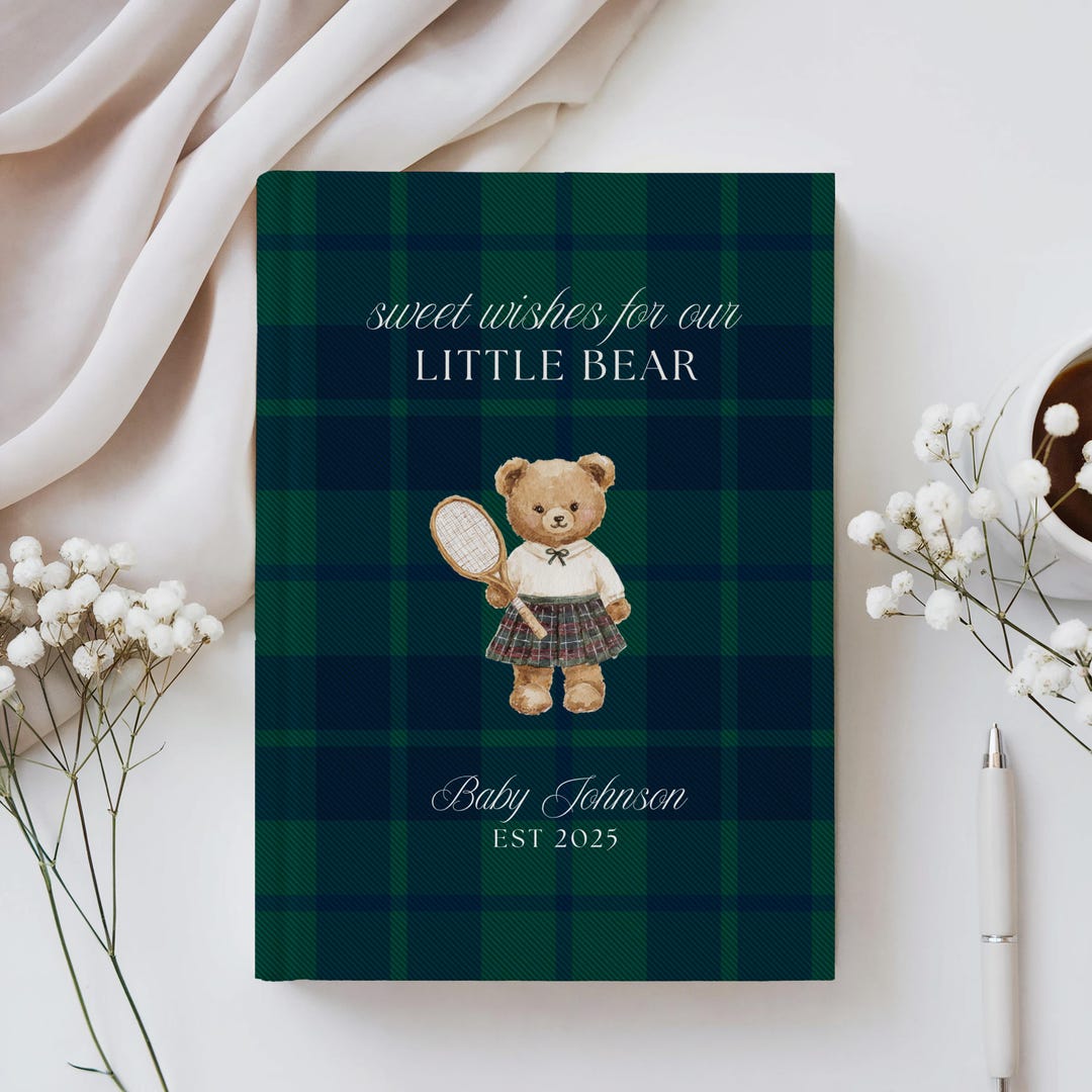 Custom Preppy Teddy Bear Baby Girl Shower Guestbook, Tartan Plaid Best ...