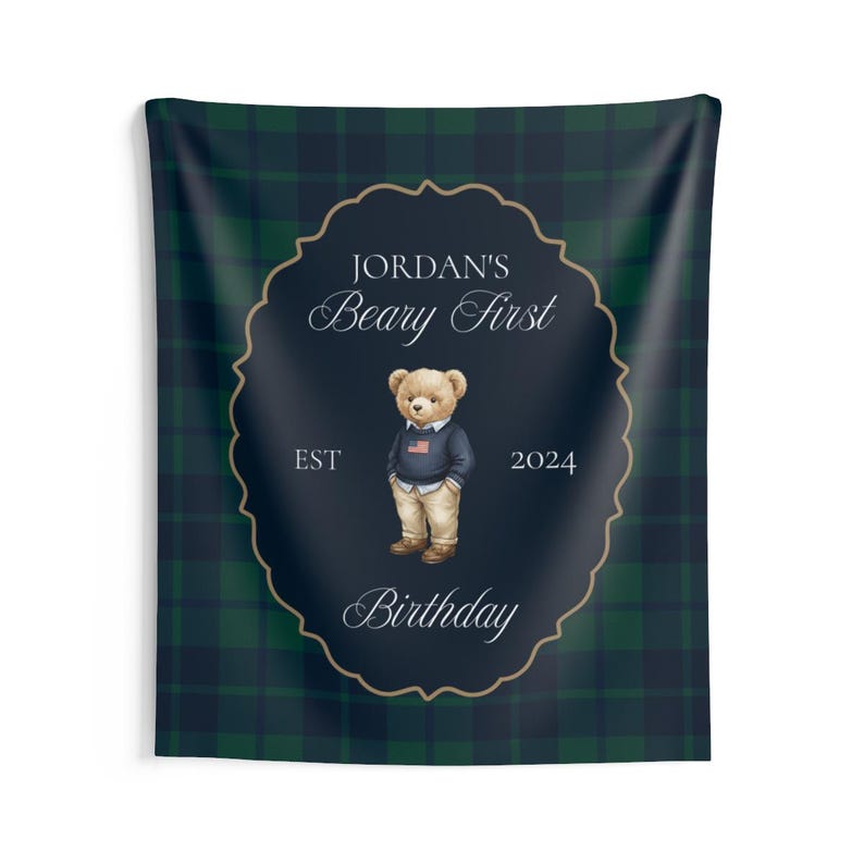 Beary First Birthday Decorations for Boy, Preppy Teddy Bear Banner, 1st ...