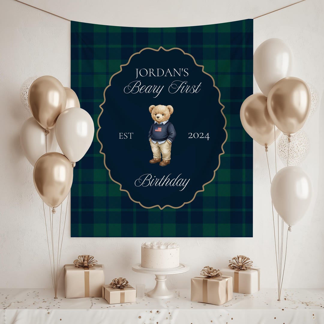 Beary First Birthday Decorations for Boy, Preppy Teddy Bear Banner, 1st ...