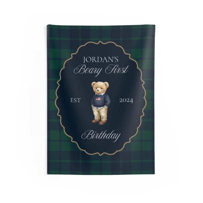Beary First Birthday Decorations for Boy, Preppy Teddy Bear Banner, 1st ...