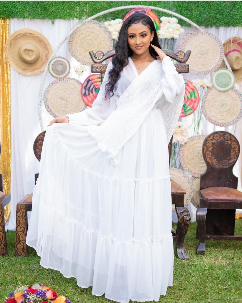 White in White Chiffon /habesha Kemis / Ethiopian Dress / Eritrean ...