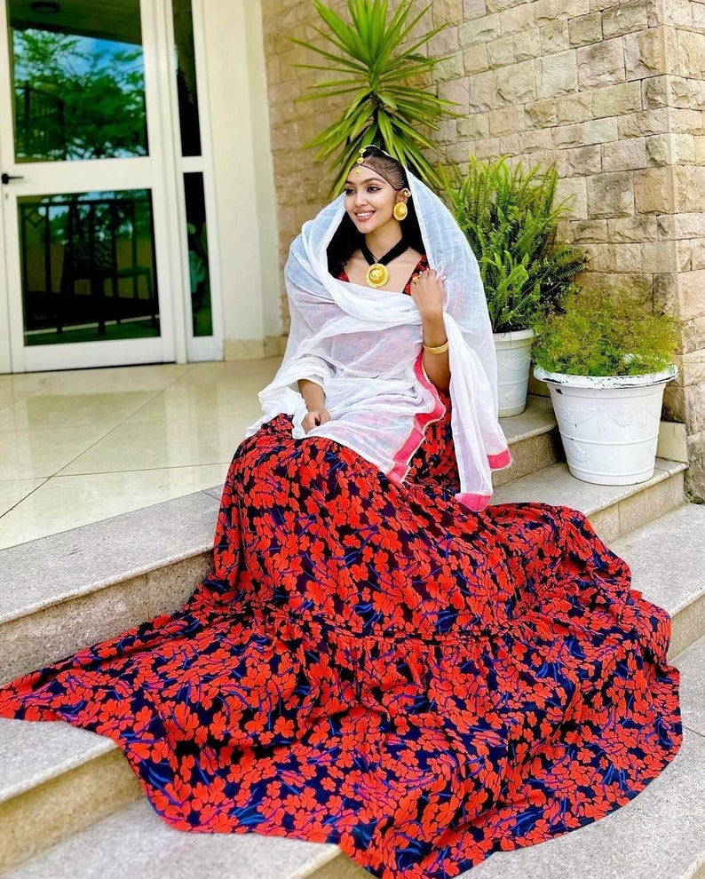 Traditional Red Habesha Chiffon / Ethiopian and Eritrean Dress ...