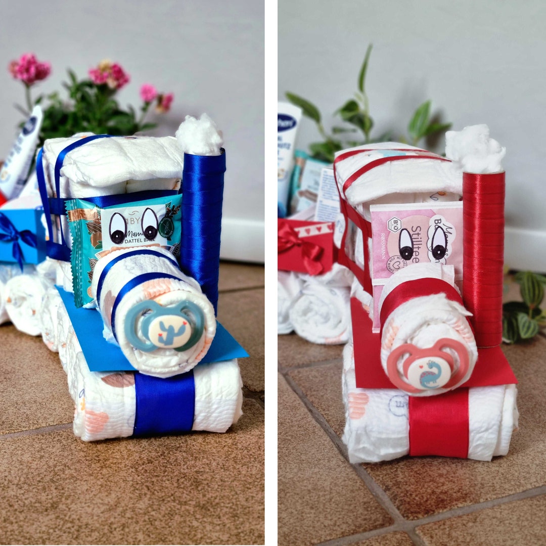 Diaper Cake Diaper Train With Pendant Baby Boy Girl Blue Red Gift ...