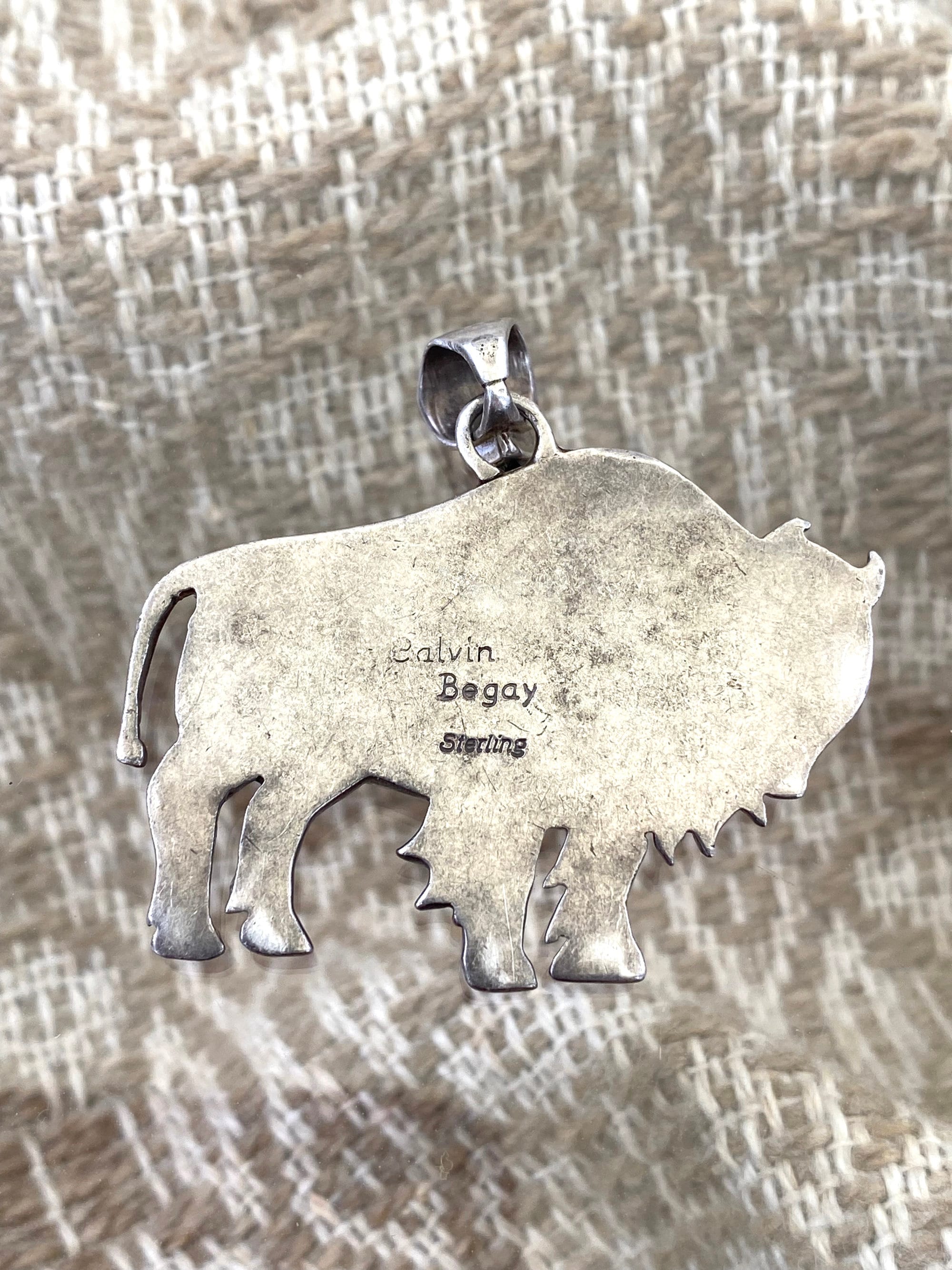 Calvin Begay Signed Sterling Silver Buffalo Pendant With Jet and Opal ...