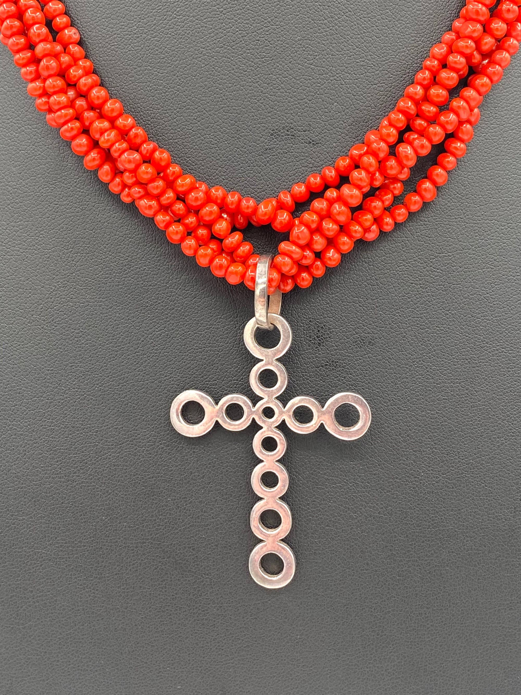 Sterling Silver Cross With Red Coral Beaded Necklace by Firmado M.G ...