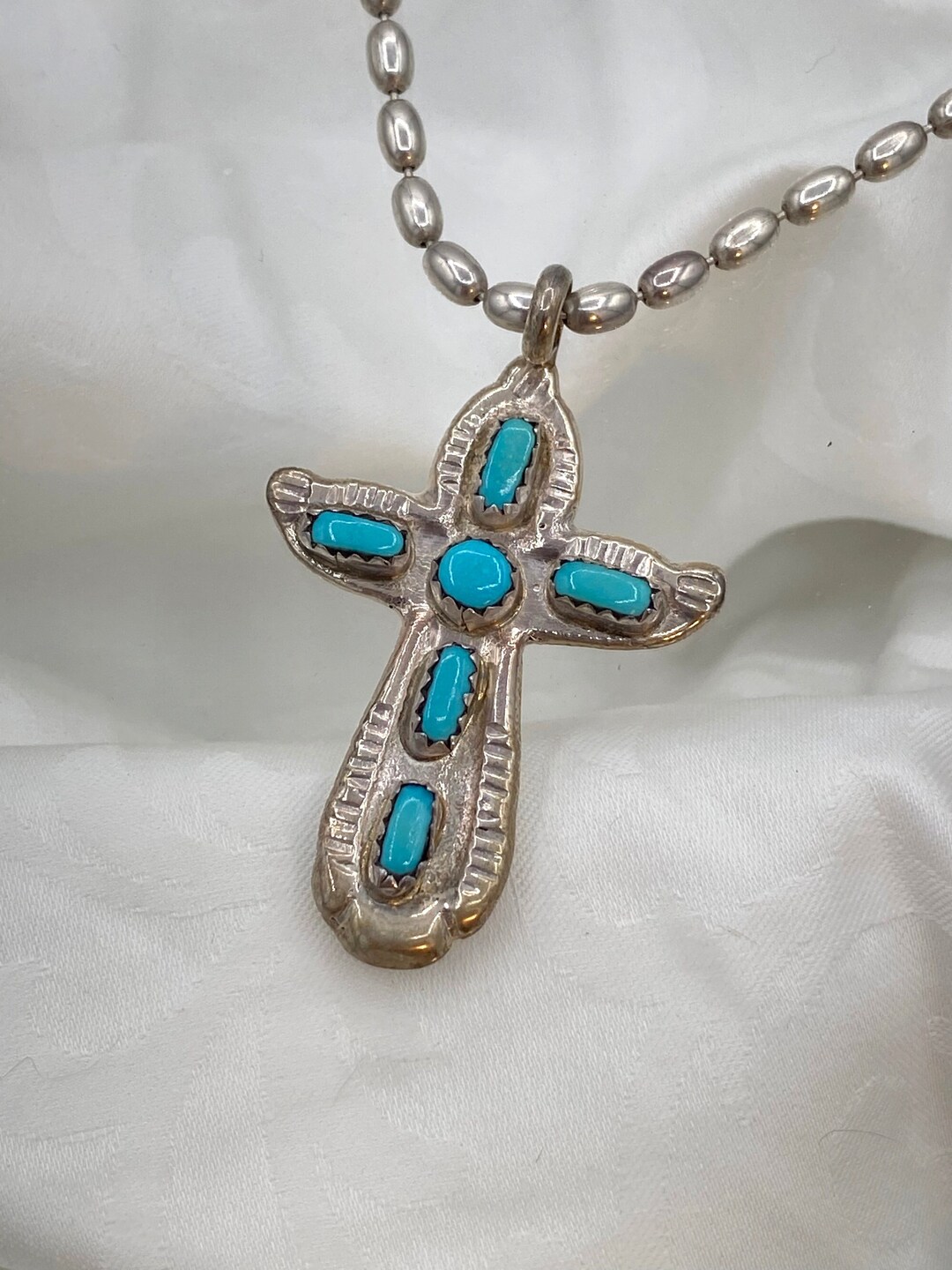 Cecilia Iule Signed Sterling Silver Cross Pendant With Turquoise Stones ...