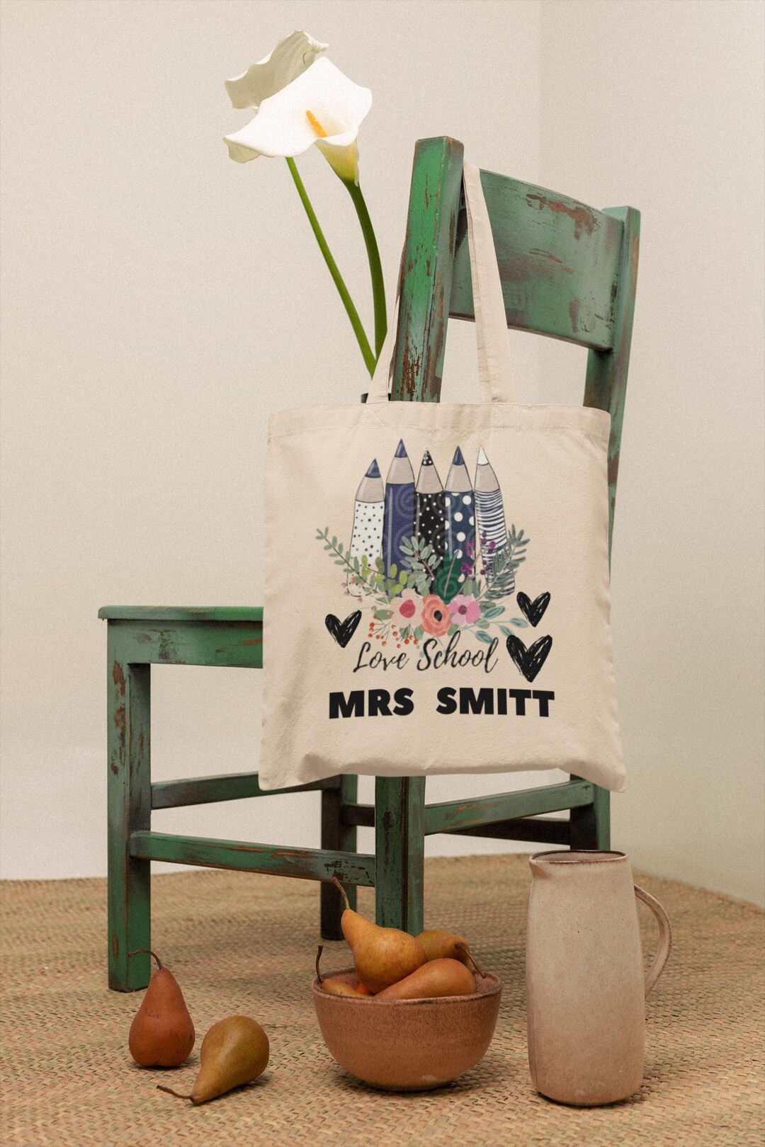 Custom Love School Pencil Bouquet Tote Bag , Personalized Teacher Name ...