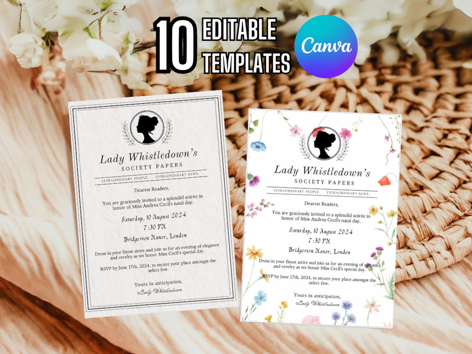 Editable Canva Bridgerton Invitation Templates | Lady Whistledown ...
