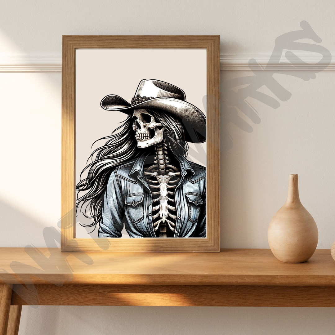Rustic Cowgirl Skeleton Art, Western Skull Decor Print, Boho Chic Bones ...