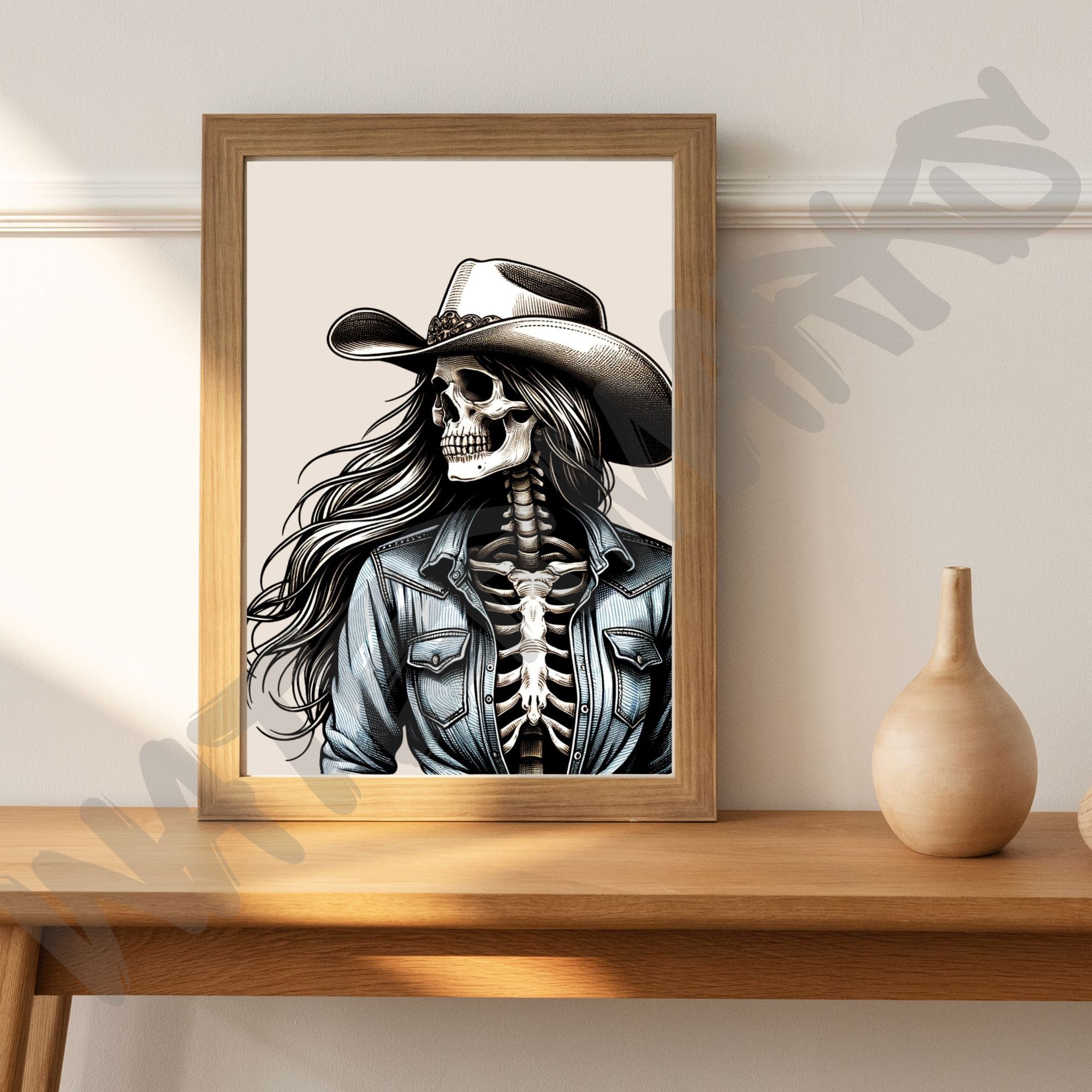 Rustic Cowgirl Skeleton Art, Western Skull Decor Print, Boho Chic Bones ...