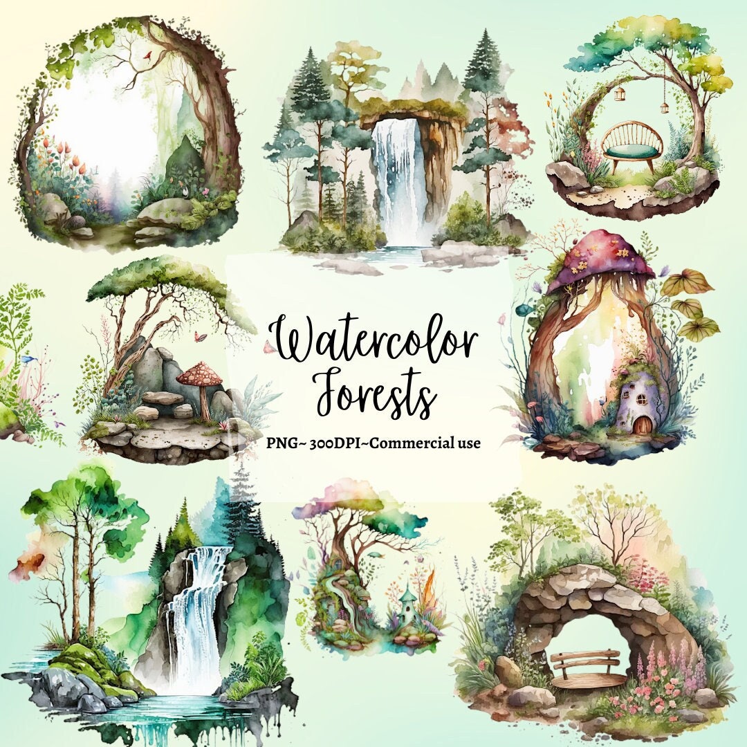 22 Pngs Watercolor Magical Forest Clipart Spring Woodlands Forest