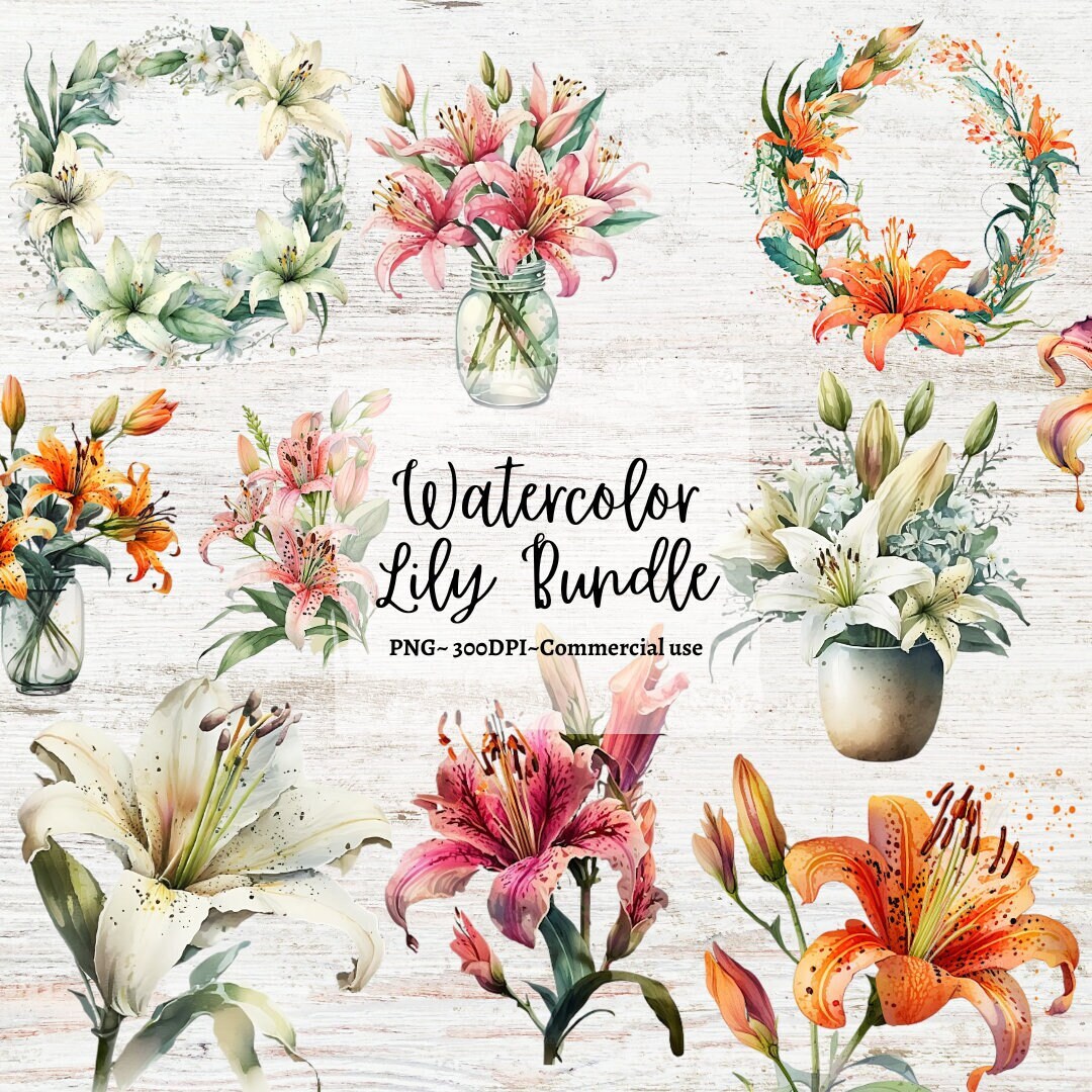 54 Pngs Watercolor Floral Lily Flower Bundle Clipart | Bouquets ...