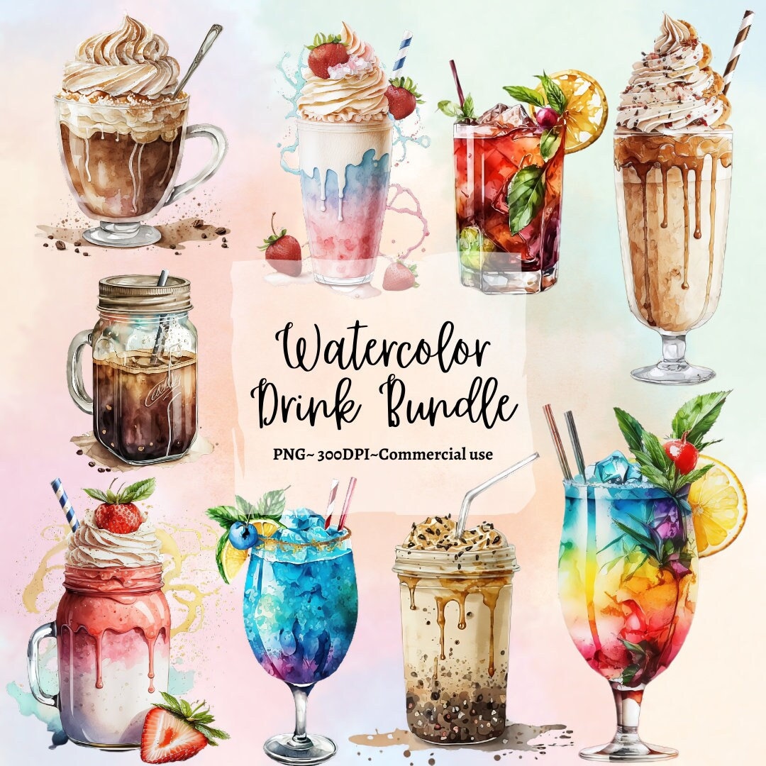 54 Pngs Watercolor Drink Bundle Clipart | Summer | Coffee, Milkshakes ...
