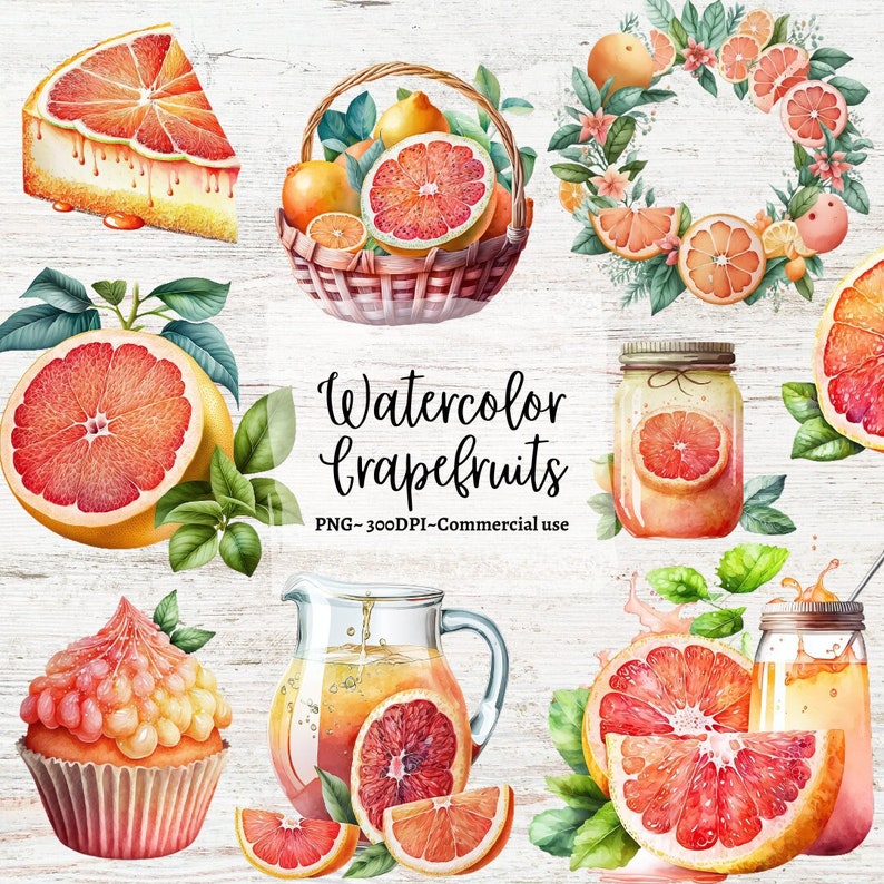 32 Pngs Watercolor Grapefruit Clipart | Citrus Fruit | Wreaths, Drinks, Desserts, Juice in PNG ...