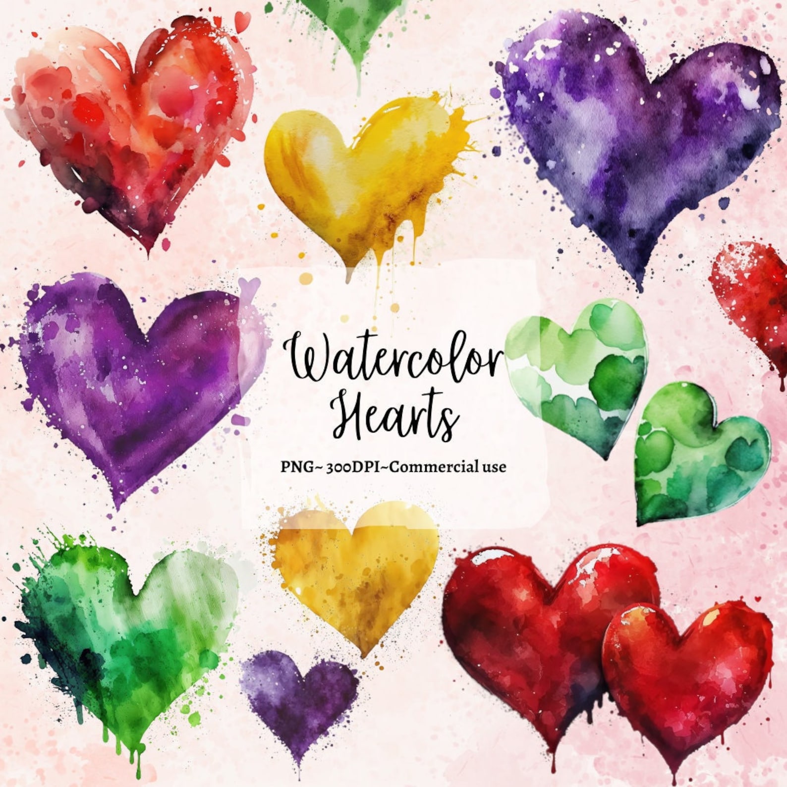 20 Pngs Watercolor Heart Clipart Red, Purple, Yellow, Green Hearts PNG ...