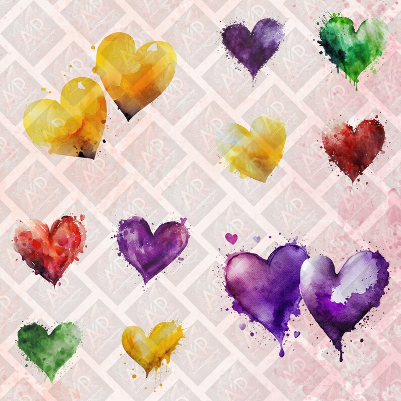 20 Pngs Watercolor Heart Clipart | Red, Purple, Yellow, Green Hearts ...