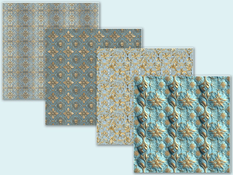 3D Digital Paper Patterns Luxury Scrapbook Paper Seamless Blue and Gold ...