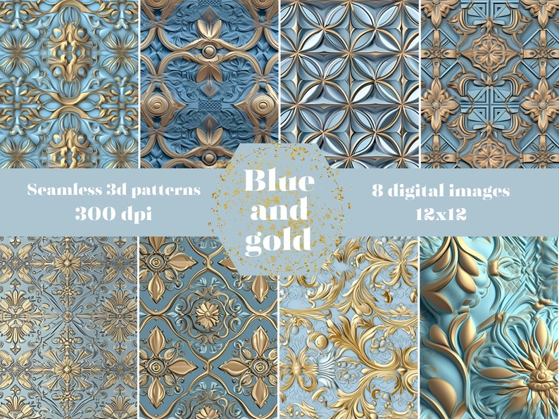 3D Digital Paper Patterns Luxury Scrapbook Paper Seamless Blue and Gold ...