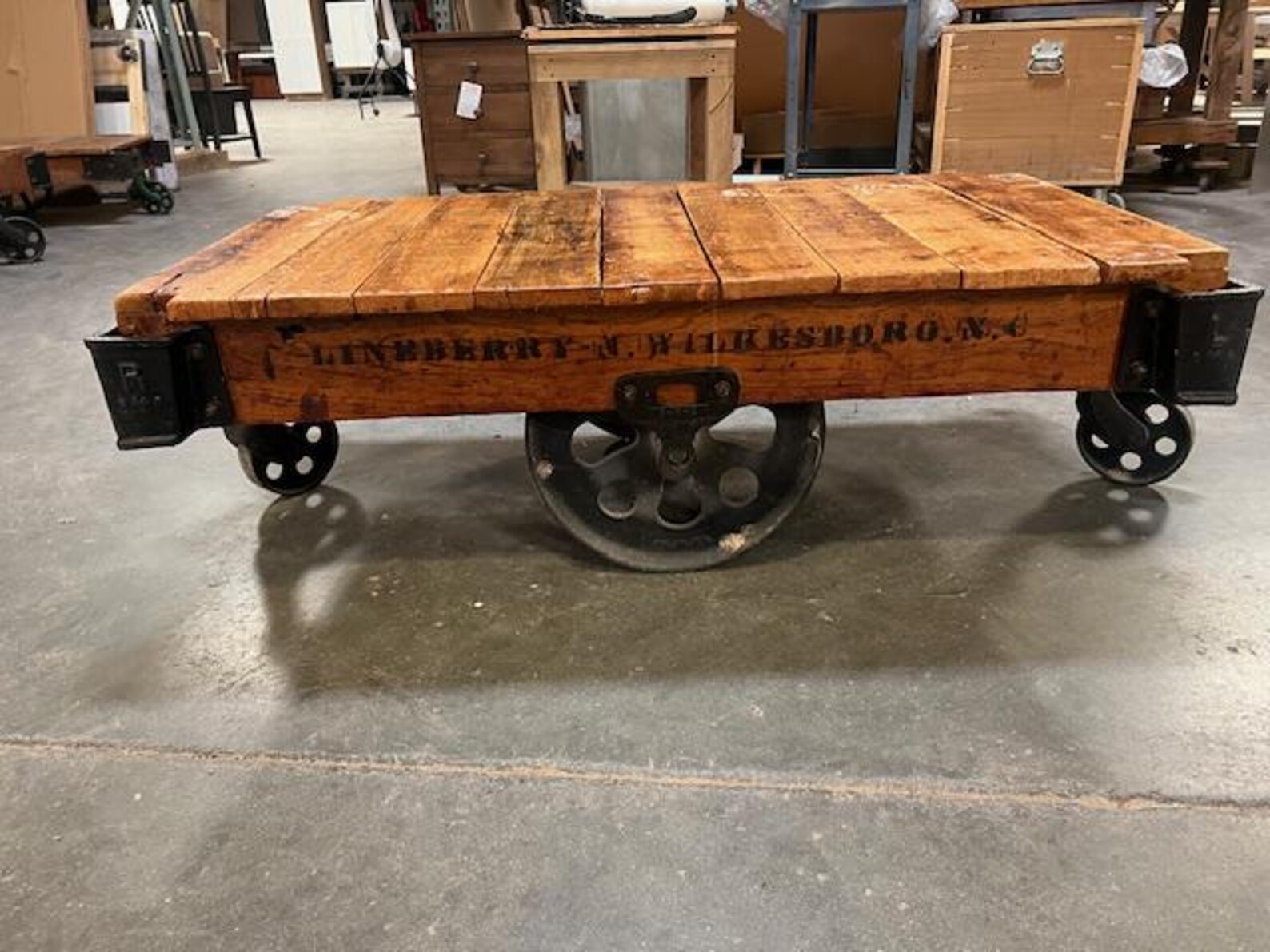 Vintage Lineberry Factory Cart Raindrop Wheels Solid Oak Coffee Table ...