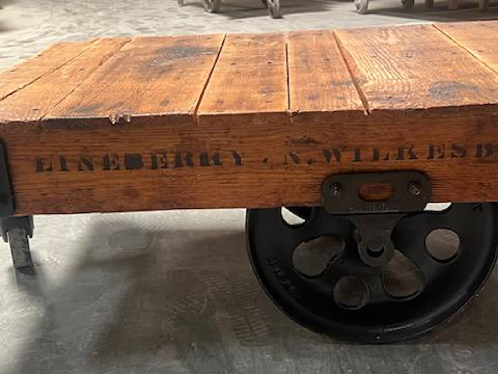 Vintage Lineberry Factory Cart Raindrop Wheels - Solid Oak Coffee Table ...