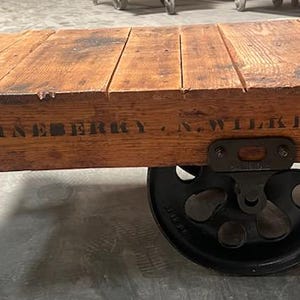 Vintage Lineberry Factory Cart Raindrop Wheels - Solid Oak Coffee Table ...
