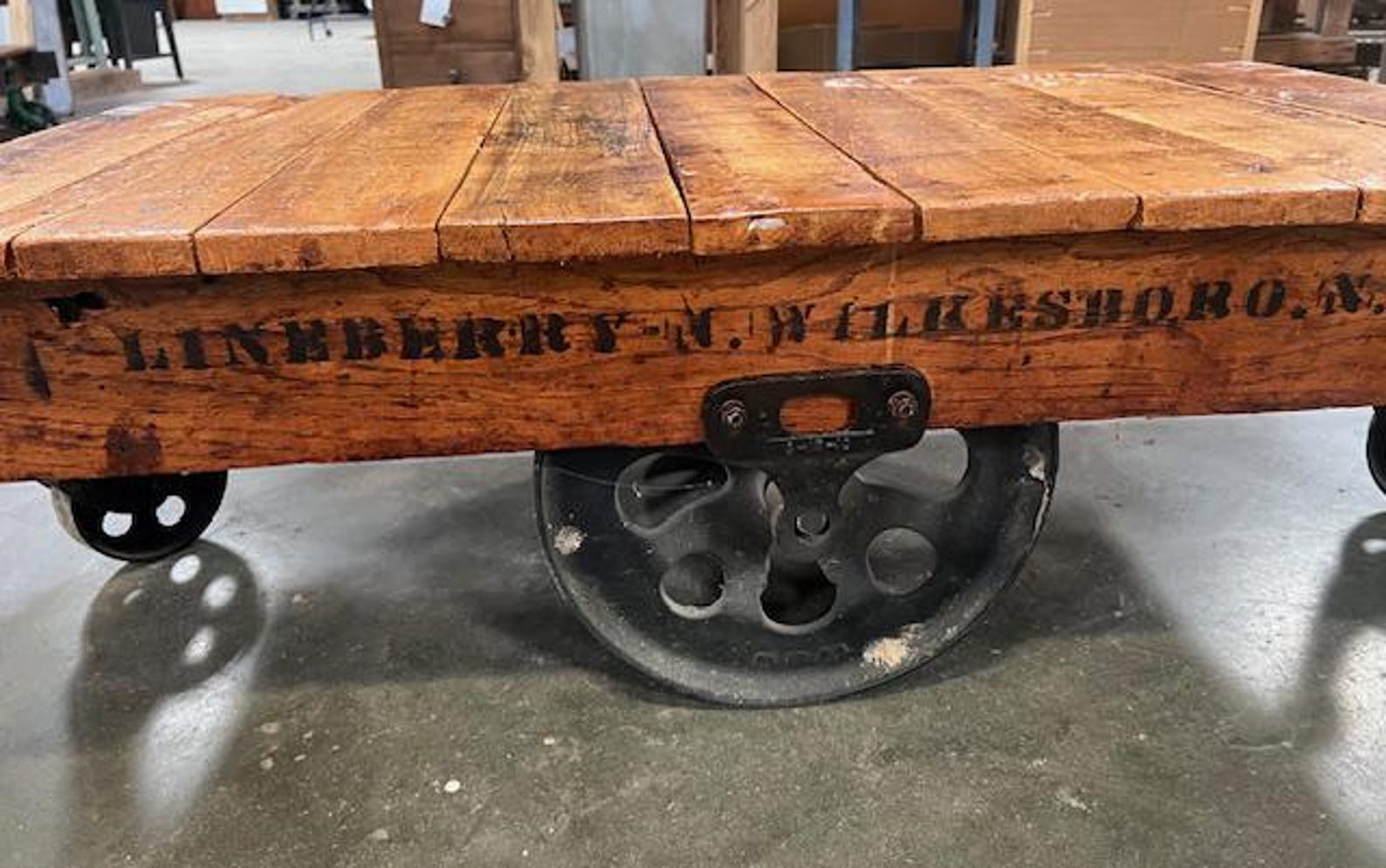Vintage Lineberry Factory Cart Raindrop Wheels Solid Oak Coffee Table ...