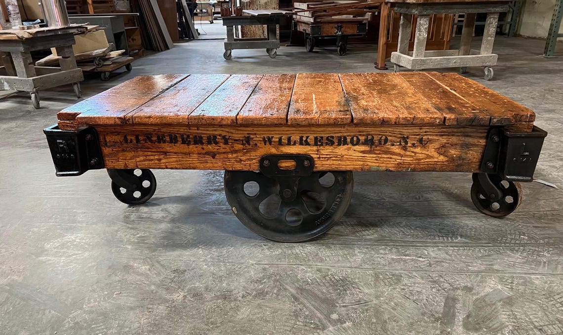 Vintage Lineberry Factory Cart Raindrop Wheels - Solid Oak Coffee Table ...