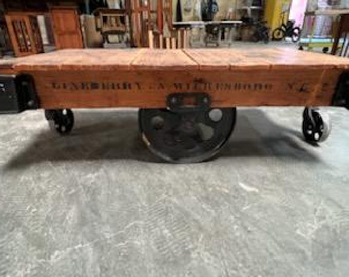 Vintage Lineberry Factory Cart Raindrop Wheels - Solid Oak Coffee Table ...