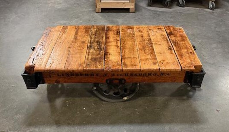 Vintage Lineberry Factory Cart Raindrop Wheels Solid Oak Coffee Table ...