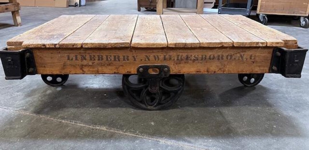 Vintage Lineberry Factory Cart Daisy Wheels Solid Oak Coffee Table ...