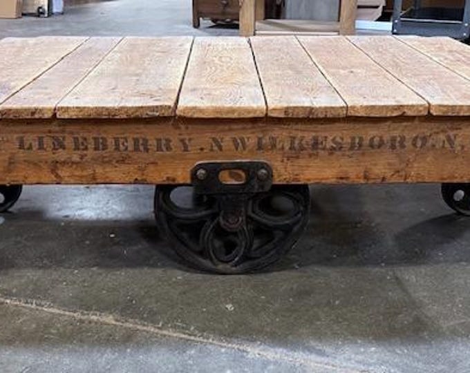 Vintage Lineberry Factory Cart Daisy Wheels - Solid Oak Coffee Table ...