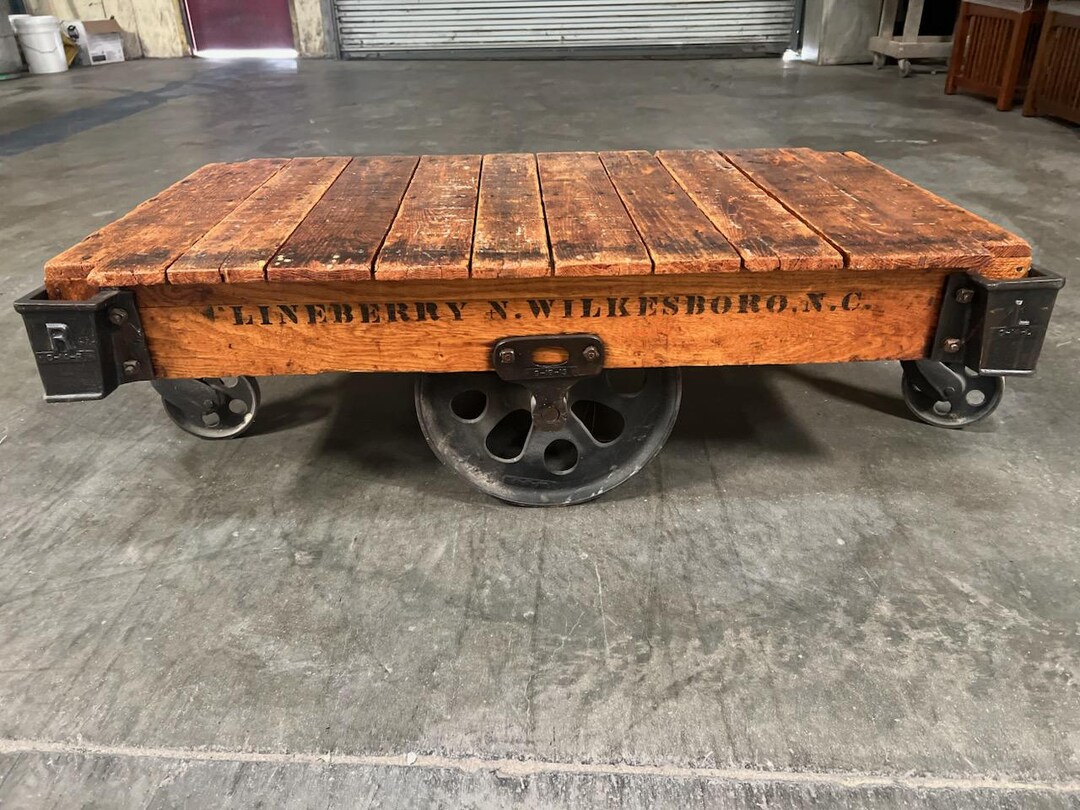 Vintage Lineberry Factory Cart Raindrop Wheels - Solid Oak Coffee Table ...