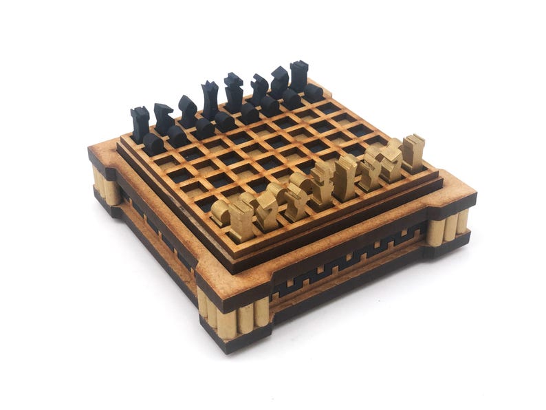 Mini Chess Set: Gold and Blue, Snake Pattern, Laser Cut and Painted MDF ...