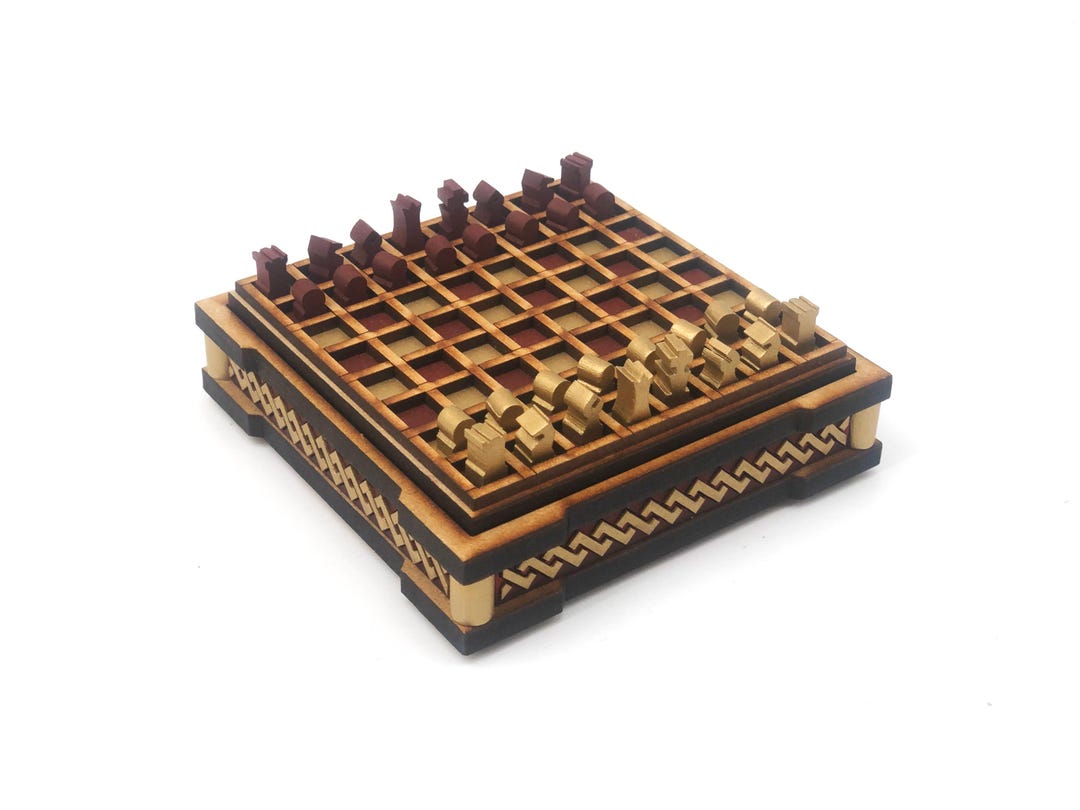 Mini Chess Set: Gold and Red, Sharp Helix Pattern, Laser Cut and ...