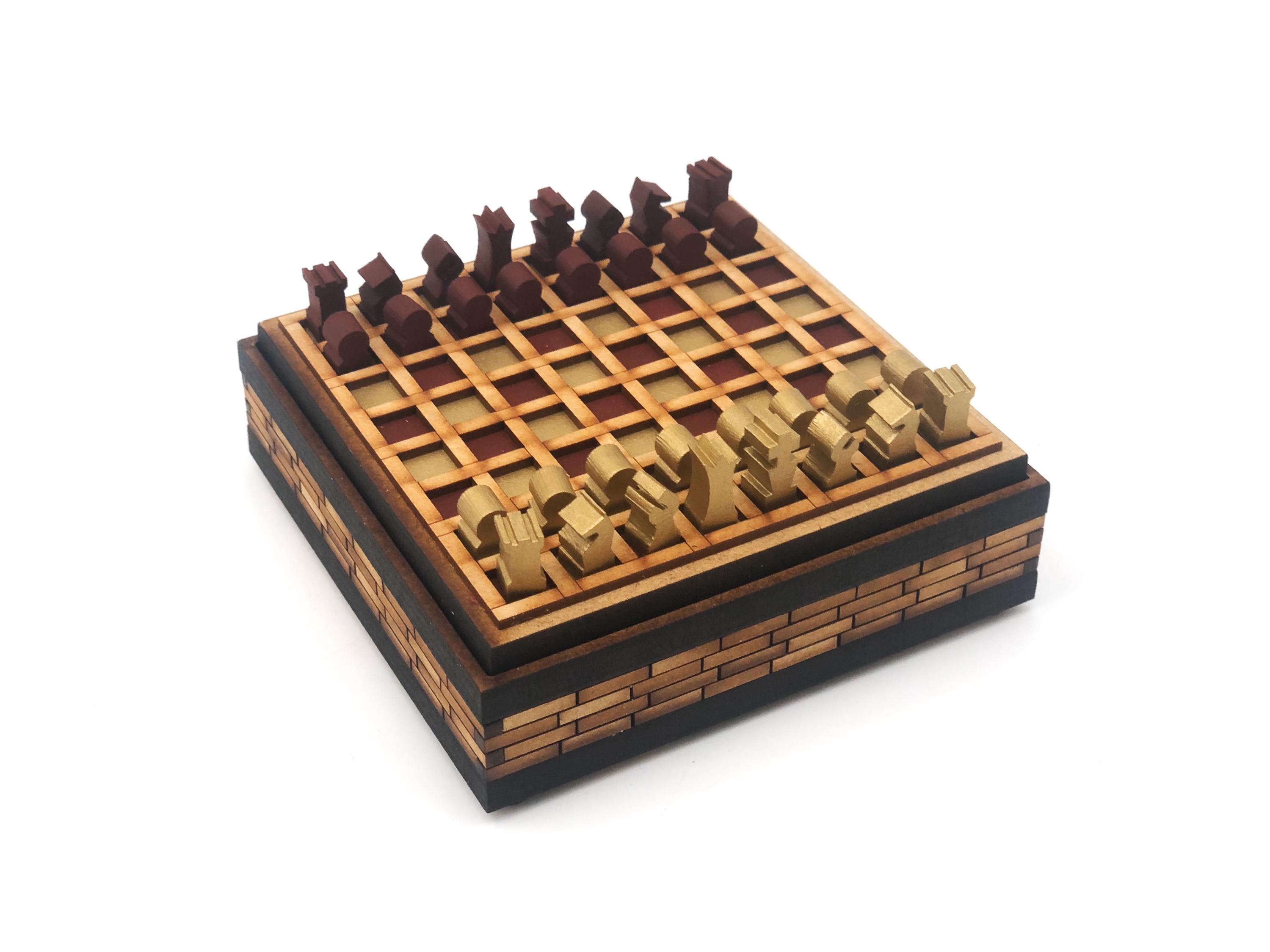 Mini Chess Set: Gold and Red, Brick Pattern, Laser Cut and Painted MDF ...