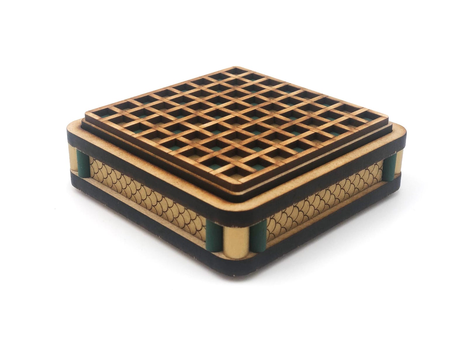 Mini Chess Set: Gold and Green, Fish Scale Pattern, Laser Cut and ...