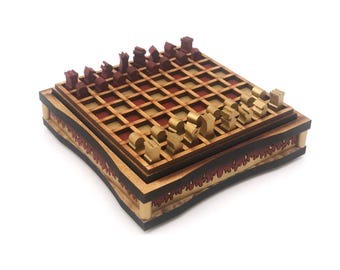 Mini Chess Set: Silver and Red, Brick Pattern, Laser Cut and Painted ...