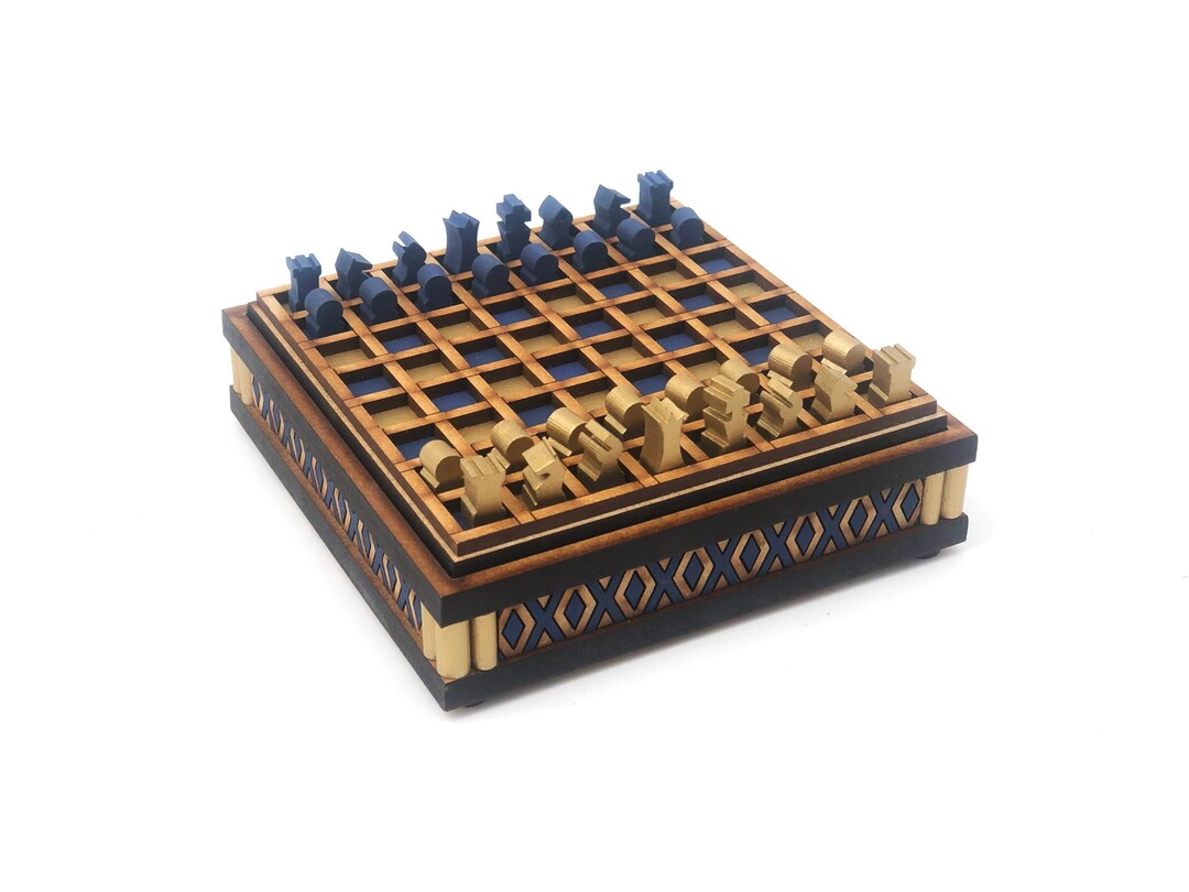 Mini Chess Set: Gold and Blue, Diamond Pattern, Laser Cut and Painted ...